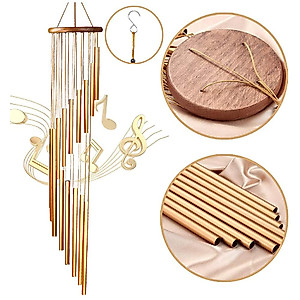 Qinos Memorial Wind Chimes Outdoor, with 12 Aluminum Tubes and Hook, Gentle Breeze Deep Tone Wind Chime, Gold Wind Chimes for Outside Garden Home Decoration Gift, 35 X 4.7 Inches