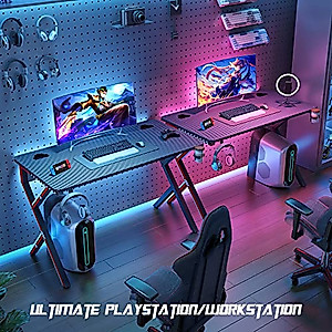Mr IRONSTONE Gaming Desk 45 Inch with Power Outlets, Computer Desk Gaming Table Carbon Fiber Surface PC Gamer Workstation Laptop Study Table, Home Office Desks with Cup Holder, Headphone Hook, Black