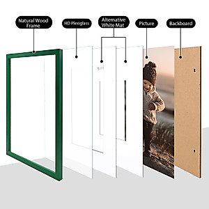 KINLINK 11x14 Picture Frame Green, Solid Wood Frames with Acrylic Plexiglass for Pictures 5x7/8x10 with Mat or 11x14 without Mat, Tabletop and Wall Mounting Display, Set of 4