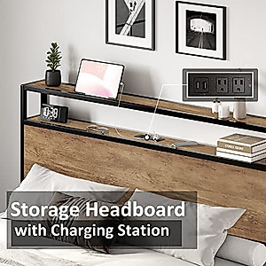 AMERLIFE Queen Size Bed Frame Industrial Platform Bed with Charging Station, 2-Tier Storage Headboard/No Box Spring Needed/Noise-Free/Rustic Brown