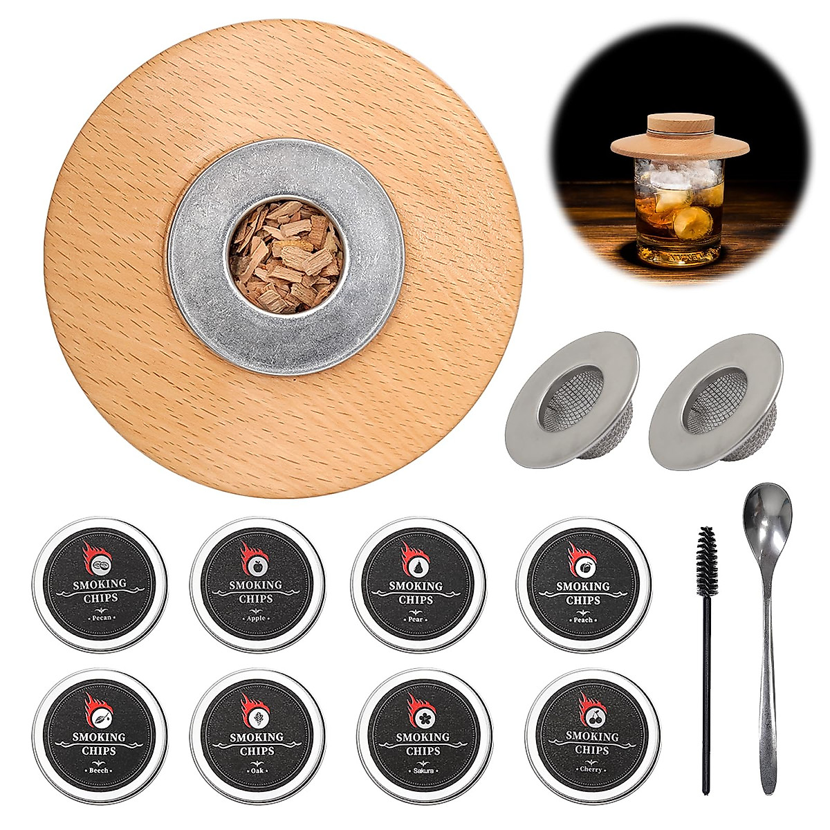 ANCHGPO Cocktail Smoker Kit Smoke Top with 8 Wood Chips for Bourbon/Cocktail Smoker lid, Bar Set, Old Fashioned Drink Smoker Kit Ideal Gift for Men, Dad,Husband(Without Torch)