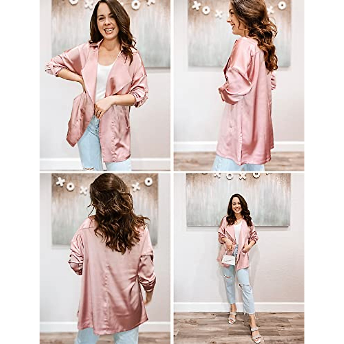 Zeagoo Womens Blazers for Work Professional Satin Oversized Blazer Jackets with Pockets,Pink Purple Small