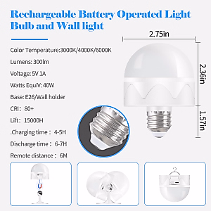 MXhme Rechargeable Light Bulbs with Remote Control No Wiring Required, Battery Operated Light Bulb Timer,Magnetic 360°,310lm,3 Color Temperature RGB Colors Dimmable,40 Watt Equivalent,1P