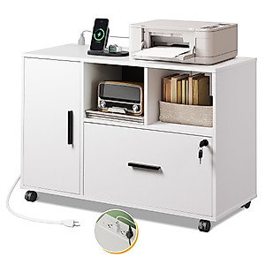 DEVAISE File Cabinet with Charging Station, 1-Drawer Lateral File Cabinets with Lock for Home Office, Wooden Rolling Printer Stand with Shelves, White