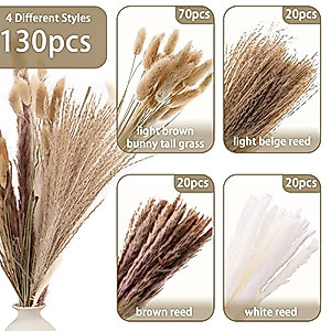 DomeStar 130PCS Pampas Grass Decor,Dried Pampas Grass Contains White and Natural Bunny Tail Grass Reed Boho Bouquet Decor for Wedding Party Home Table Vase Rustic Farmhouse Decor（18 inch）