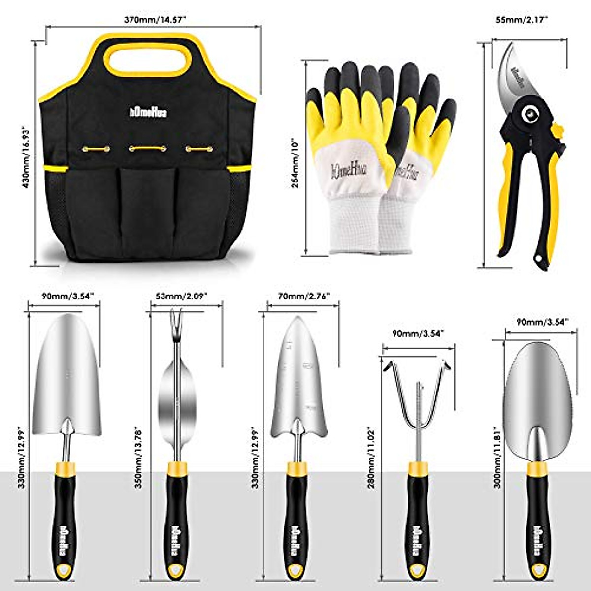 hOmeHua Garden Tools Set, 8 Piece Stainless Steel Heavy Duty Gardening Kit with Ergonomics Soft Rubberized Non-Slip Handle, Tote Bag, Gloves, Trowel, Weeder Tools - Garden Gifts Packing for Men Women