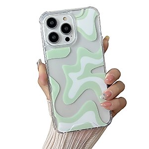 Sayoaho Compatible with iPhone 14 Pro Max Phone Case, Cute Art Wavy Painted for Women Girls, Soft TPU Edge PC Back Protective Shockproof Phone Case-Green