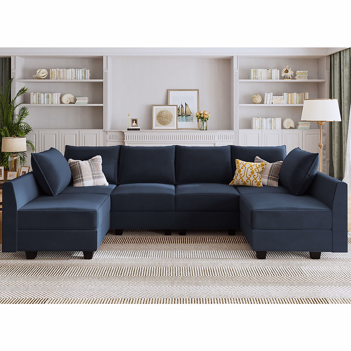 HONBAY Convertible Sectional Sofa Velvet U Shaped Couch with Reversible Chaise Modular Sectional Couch 6 Seater Sofa with Storage Seat, Dark Blue