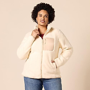 Amazon Essentials Women's Sherpa Long-Sleeve Mock Neck Full-Zip Jacket with Woven Trim (Available in Plus Size), Beige Color Block, Medium