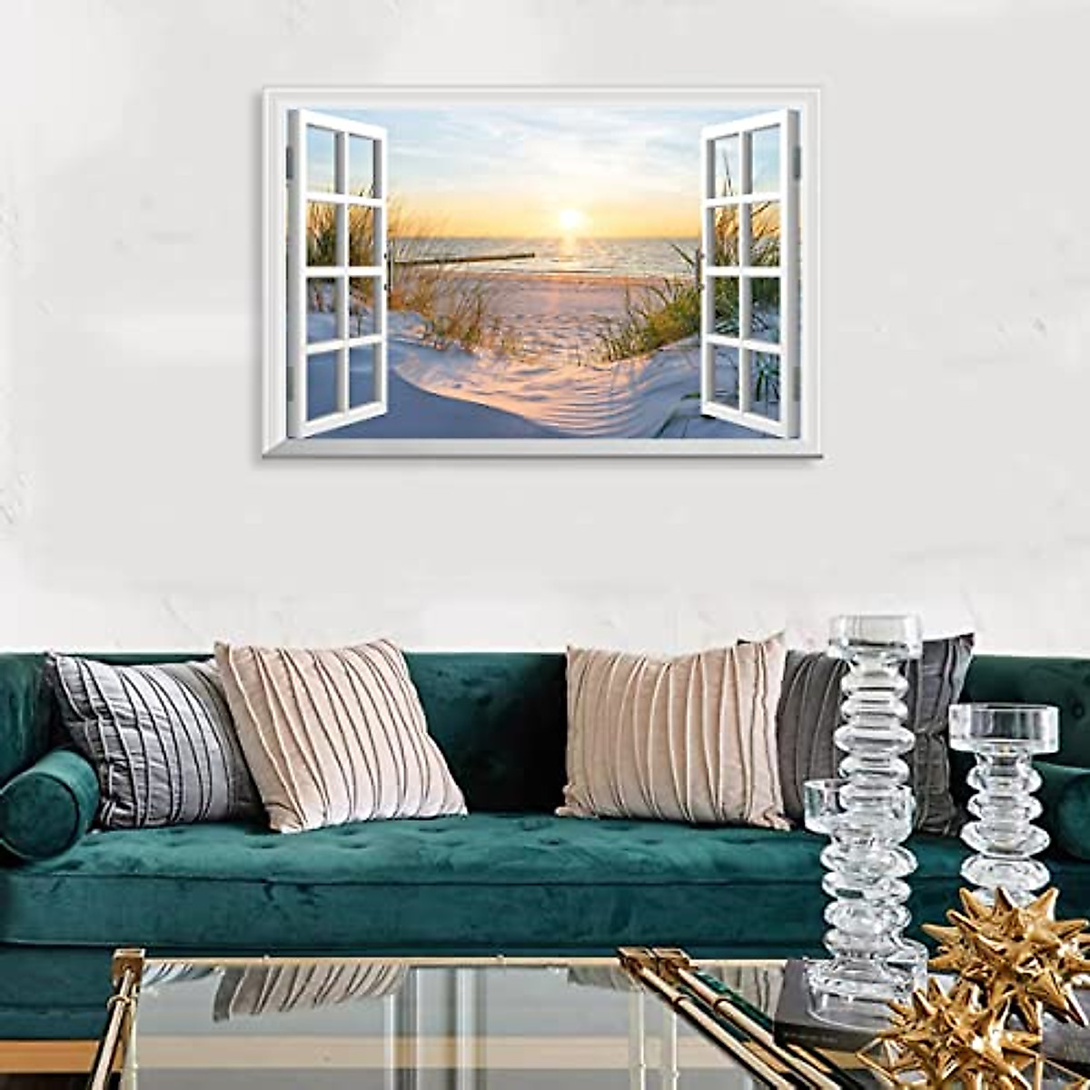 Woxfcart Window Beach Picture Canvas Wall Art Ocean Sunset Decor Yellow Natural Landscape with Framed 36x24