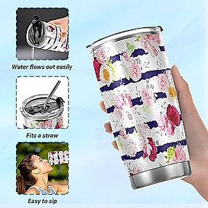 Jihqo Stripes Rose Print Tumbler with Lid and Straw, Insulated Stainless Steel Tumbler Cup, Double Walled Travel Coffee Mug Thermal Vacuum Cups for Hot & Cold Drinks 12oz