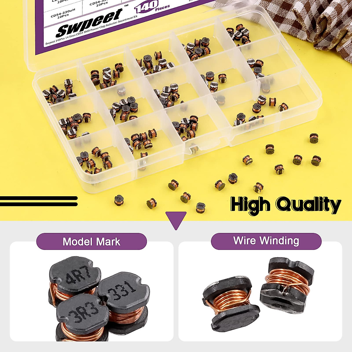 Swpeet 140Pcs 14 Values 2.2UH - 680UH CD54 Wire Wound SMD Power Inductor Assortment Kit, 5.8mm Chip Inductors - 2.2UH 3.3UH 4.7UH 6.8UH 10UH 22UH 33UH 47UH 68UH 100UH 220UH 330UH 470UH 680UH