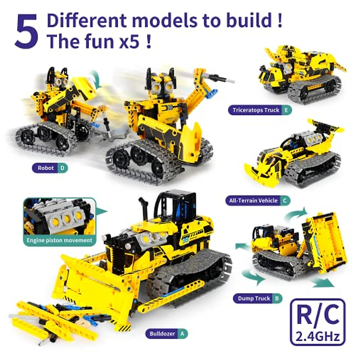 LECPOP 5 in 1 STEM Projects for Kids, Building Block Sets for Boys, Construction Toys for Kids Ages 8-14, RC Bulldozer/Robot/Dump Trucks Engineering Toys, Ideal Gifts for Boys & Girls