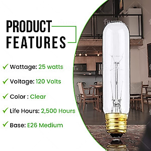 BULBMASTER 25 Watts T10 Tubular Clear Incandescent Light Bulb, Antique Vintage Style Showcase Bulb 6 Pack