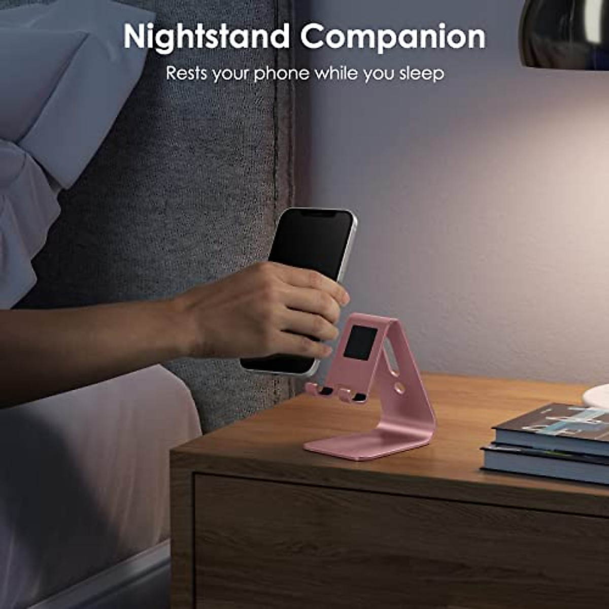 OMOTON Upgraded Aluminum Cell Phone Stand, C1 Durable Phone Holder Dock with Protective Pads, Desk Decor for iPhone 14/13/12/11 Pro Max XR XS, iPad Mini, Android Phones Office Accessories, Rose Gold