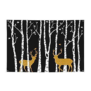 Christmas Banner Christmas Gold Deer Birch Tree Hanging Party Holiday Banner Wall Decoration Indoor Outdoor, 71 x 47 Inch