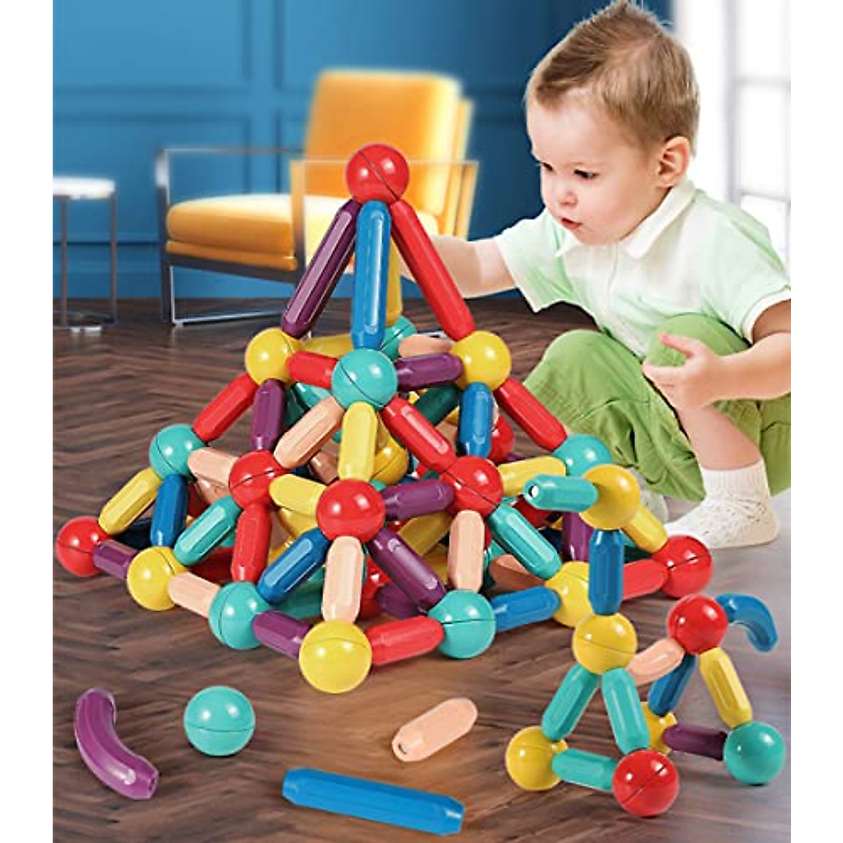 RITONS 64 PCS Magnetic Balls and Rods Building Sticks Blocks Set Vibrant Colors Different Sizes Curved Shapes Children Educational Stacking STEM Magnet Toys for Kids Age 3+