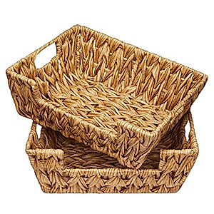 JMKaixin Wicker Storage Baskets, Water Hyacinth Storage Basket with Built-in Handles,2-Pack Hand Woven Baskets with Carry Handles for Storage 13.75" x 11" x 5"