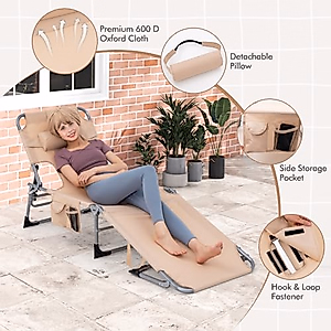 Goplus Tanning Chair, Folding Adjustable Patio Lounge Chair with Face Hole, Removable Pillow, 330LBS, Carry Strap, Outdoor Sunbathing Chair, Lightweight Portable Beach Lounge Chair (1, Beige)