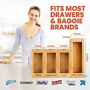 mHomeAid Bag Storage Organizer - Bamboo Food Plastic Baggie Holder, Dispenser, and Container for Kitchen Drawer and Cabinet - Fits Ziplock and Ziploc Gallon, Quart, Sandwich & Snack Sized Slider Bags