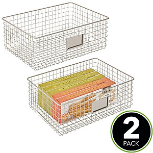 mDesign Wide Steel Wired Storage Organizer Bin Baskets with Label Slot for Kitchen Pantry, Cabinet, Organizing Holder for Food, Drinks, Snacks, Produce, Omaha Collection, 2 Pack, Satin