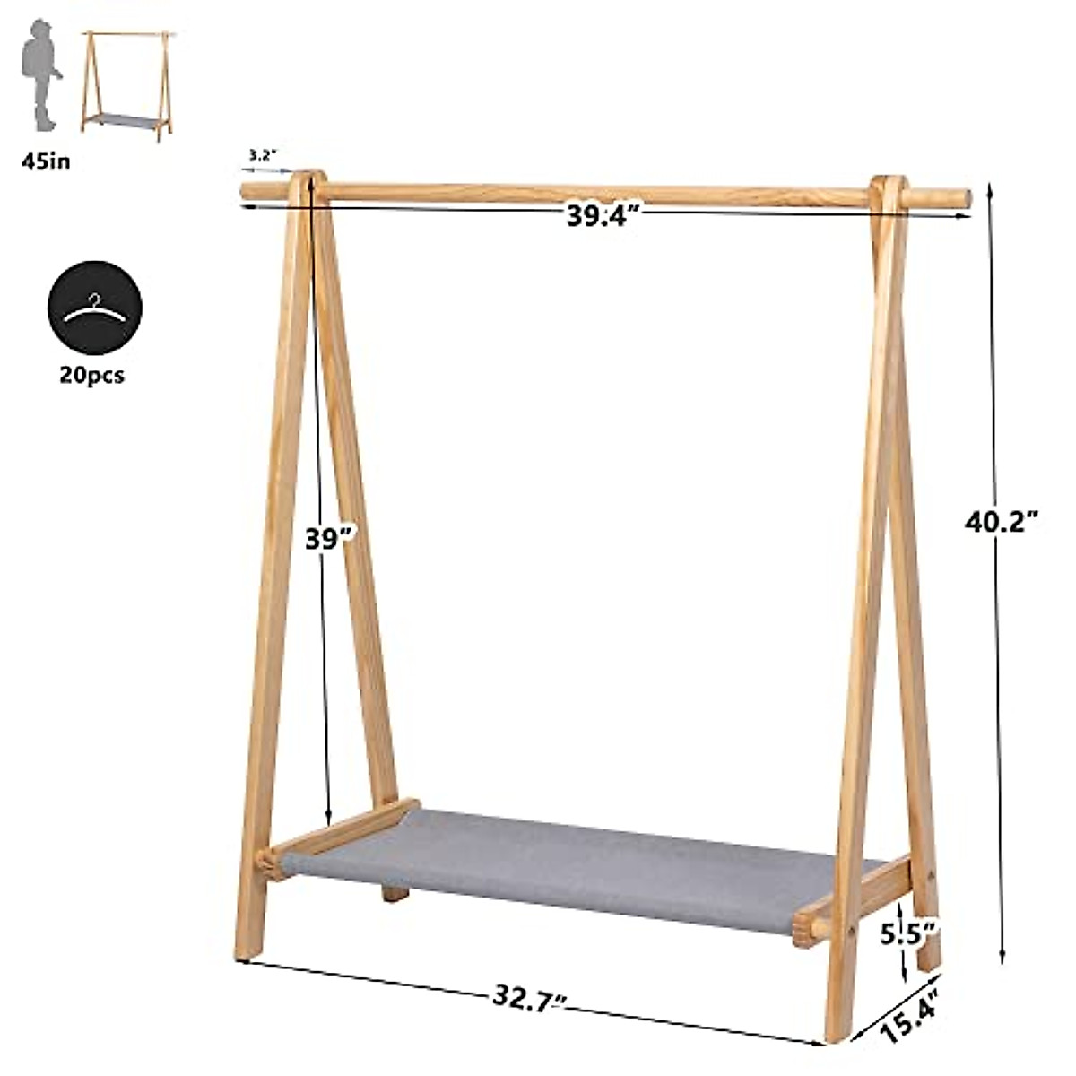 Clikuutory Kids Garment Rack, Kids Clothes Rack for Hanging Clothes, Baby Freestanding Clothing Rack with Storage Shelf & Hanging Rod, Stable Triangular Frame, 100% Natural Pine Wood, Dress up Rack