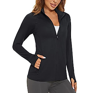 MAGCOMSEN Women's UPF 50+ Lightweight Athletic Jacket Sun Protection Full Zip Long Sleeve Shirts Hiking Outdoor Pockets Black XL