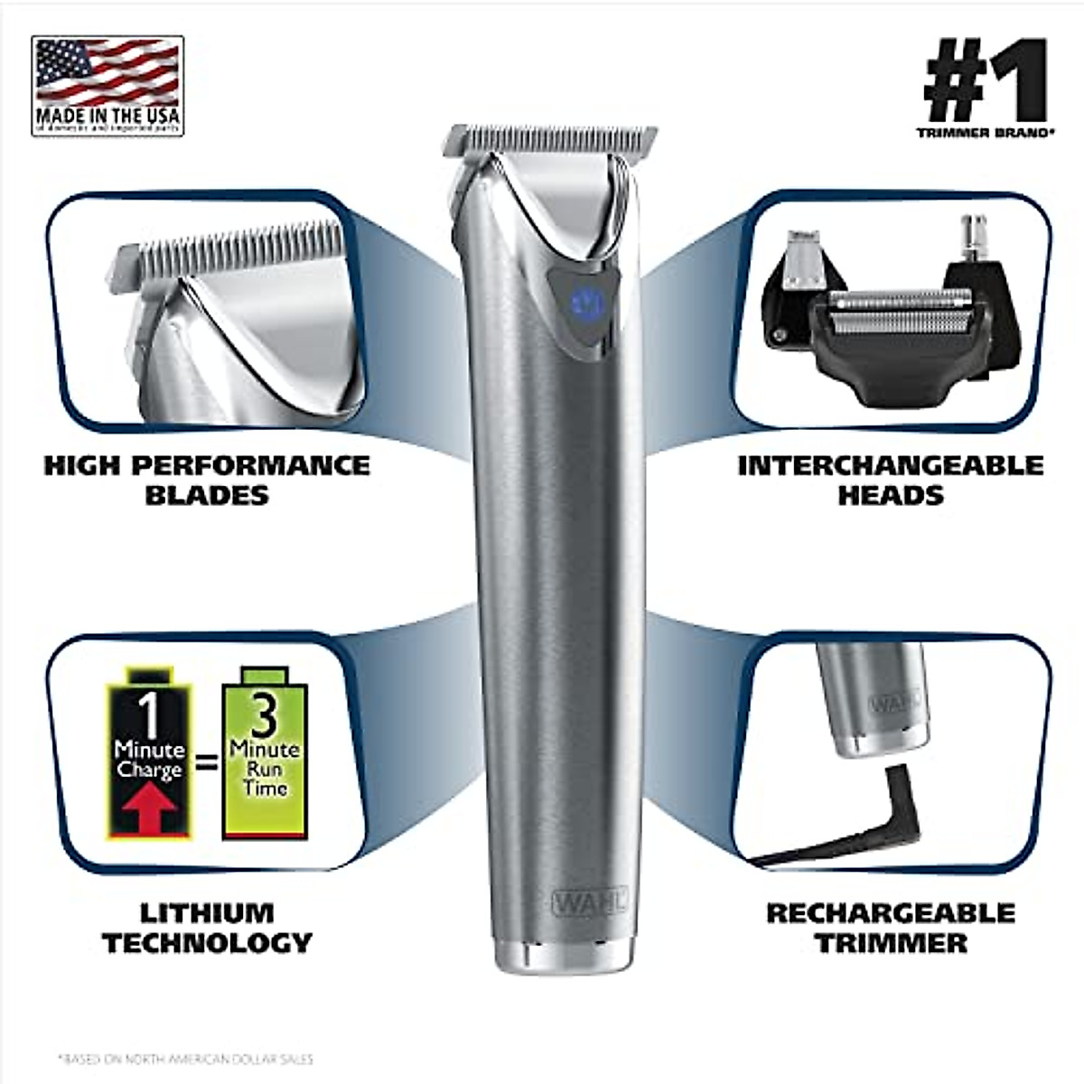 Wahl Stainless Steel Lithium Ion 2.0+ Beard Trimmer for Men - Electric Shaver & Nose Ear Trimmer - Rechargeable All in One Men's Grooming Kit - Model 9864SS