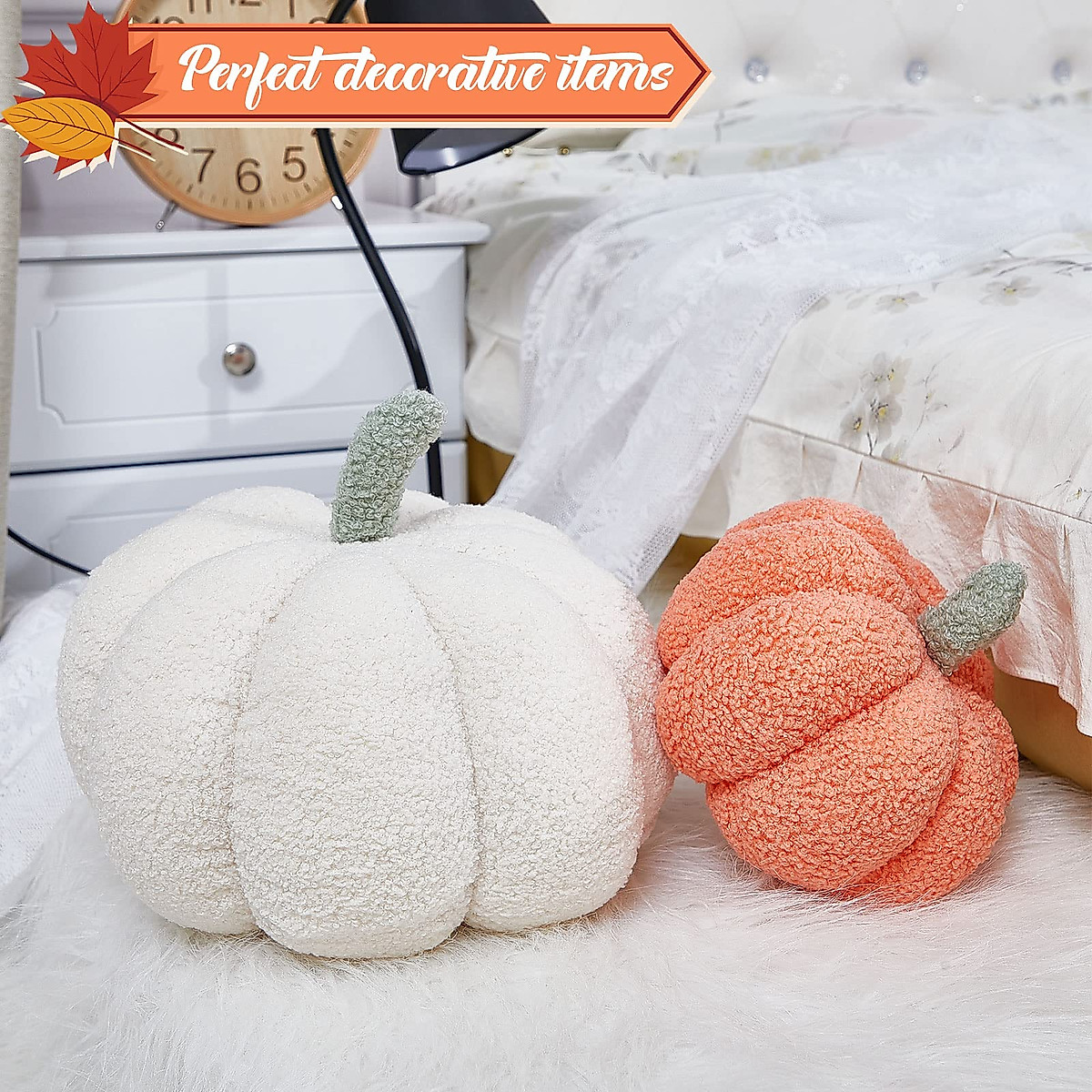 Juexica Halloween Stuffed Pumpkin Fluffy Plush Toy 3D Shaped Decorative Thanksgiving Pillow Soft Cute Throw, 11 Inch, 7 Inch(White, Orange, 2 Pcs)
