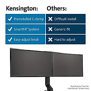 Kensington Dual Monitor Mount for Desk, C-clamp Vesa Monitor Stand Fits 2 Ultrawide Monitors Up to 27 Inches, Low Profile Monitor Stand, Height Adjustable Rotating Free Standing Monitor Arm, Black