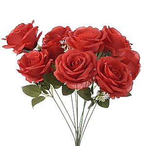 KONCHILE Artificial Roses Bouquet Silk Flower 10 Branch 10 Heads Big Fake Rose Wedding Bridal Floral Arrangement Home Office Party Garden Decor