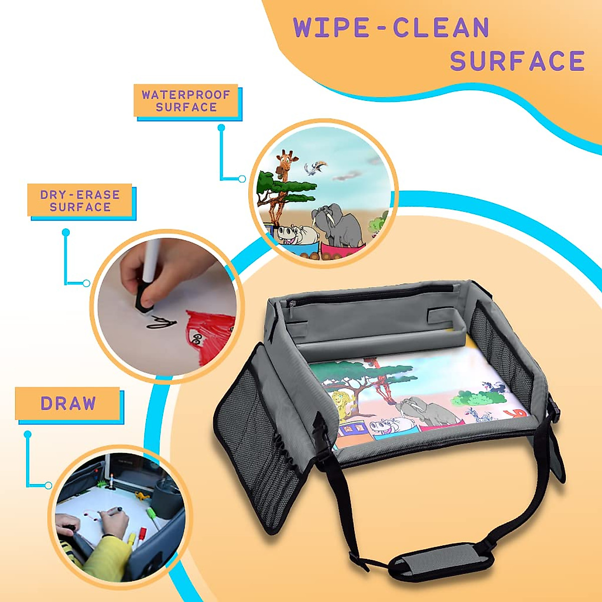 Kids Travel Tray, Carseat Tray for Kids Travel, Road Trip Essentials Kids Car Tray, Car Seat Tray & Kids Lap Tray - Keeps Children Entertained | Portable & Foldable Car Seat Table Tray for Kids