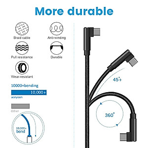 aceyoon [3 Pack Right Angle USB Type C Charger Cable, 0.6ft Braided 90 Degree Elbow Charger Dual L Shape USBC Cable for iPhone 15 Pro Max Plus, Samsung Galaxy S9 S10, Pixel 2 3 3XL, P30 P20 Mate20