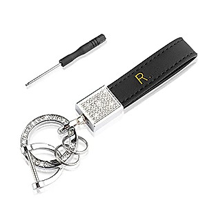 Leather Keychain Bling Keychain for Women Anti-Lost D-Ring Car Keychain Fashion Rhinestone Purse Charms for Handbags (Black)