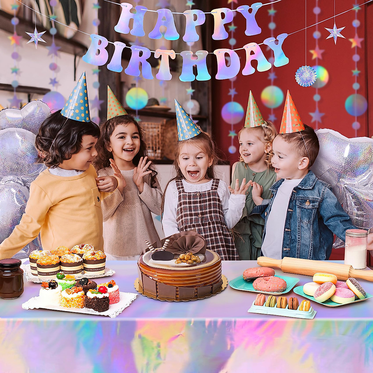 UNICORN ELEMENT Iridescent Birthday Decorations with Happy Birthday Banners, Iridescent Aluminum Foil Balloons, Hexagonal Star Round Ornaments, Sparkly Circle Garlands Hanging and Party Tablecloth for Birthday Party Supplies