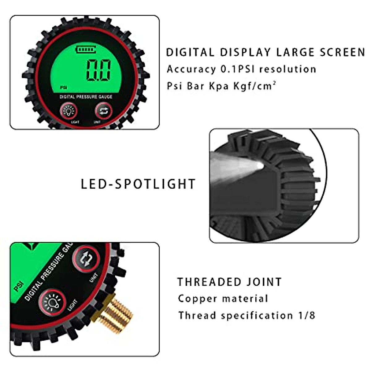 Moioee Car Digital Tire Pressure Gauge, High Precision 0.1 Display Resolution, 3-255PSI LCD Backlight Tire Pressure Gauge, Copper Tyre Air PSI Meter, Car Accessories for Motorcycle SUV Truck (1/8)