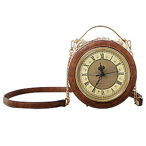 Clock Bag Real Working,Vintage Crossbody Messenger Bag, SteamPunk Style Shape Leather Bag Circular Handbag Chain Shoulder Female bag (Brown)