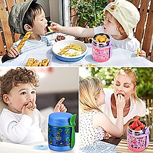 Pawtong 10oz Soup Thermo for Hot Food Kids Insulated Food Jar,Thermo Hot Food Lunch Container, Width Mouth Stainless Steel Lunch Box for Kids with Spoon (Blue-dinosaur)