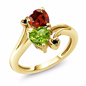Gem Stone King 10K Yellow Gold Green Peridot and Red Garnet Women Diamond Accent Ring (1.76 Ct Heart Shape) (Size 7)