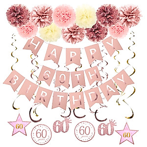 GuoZhiXin Rose Gold 60th Birthday Party Decorations , Rose gold Glittery Happy 60th Birthday Banner,Poms,Sparkling Hanging Swirls Kit for 60th Birthday Party Supplies