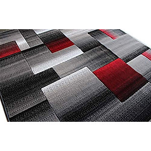 Champion Rugs Squares Modern Geometric Hand Carved Red Grey Black Area Rug Easy to Clean Stain & Fade Resistant Soft Plush Bedroom Living Room Contemporary Dining Accent (7’ 8” X 10’ 8”)