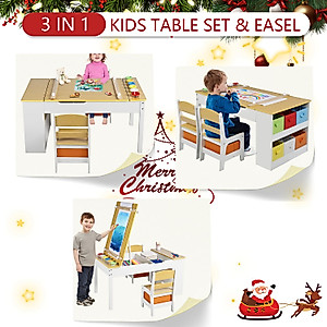 Kinder King Kids Art Table & Easel Chair Set, 3 in 1 Wood Children Activity Table, 6 Storage Bins, Paper Roll, Paint Cups, Toddler Craft and Play Table for Art, Drawing, Reading, Playroom, Natural