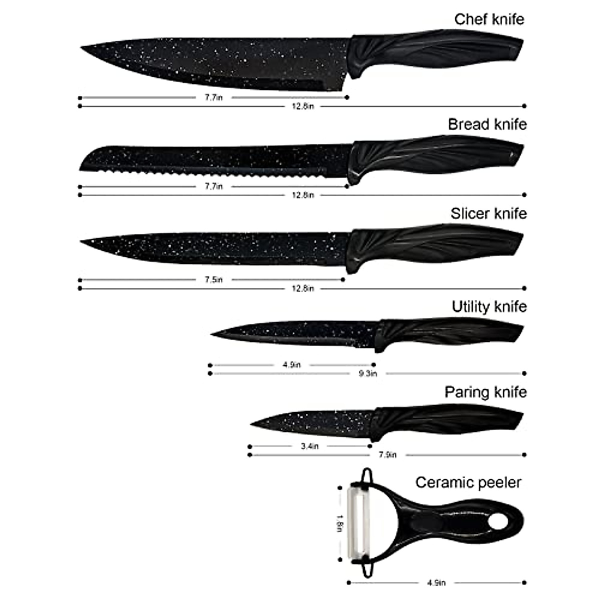 veluebay Kitchen Knife Set, Professional Stainless Steel Chef Knives with Ceramic Peeler and Gift Box, Black Cooking Knives for Slicing, Bread, Utility, Paring (6 Pcs)