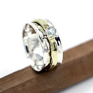 Natural Blue Topaz Ring 925 Sterling Silver Spinner Ring For Women Blue Topaz Spinner Ring Hammered Textured Wide Band Ring 925 Silver Ring Spinner Meditation Ring Topaz Jewelry Thumb Ring Anxiety Ring Worry Ring Fidget Ring Silver Wedding Band Ring Anniv