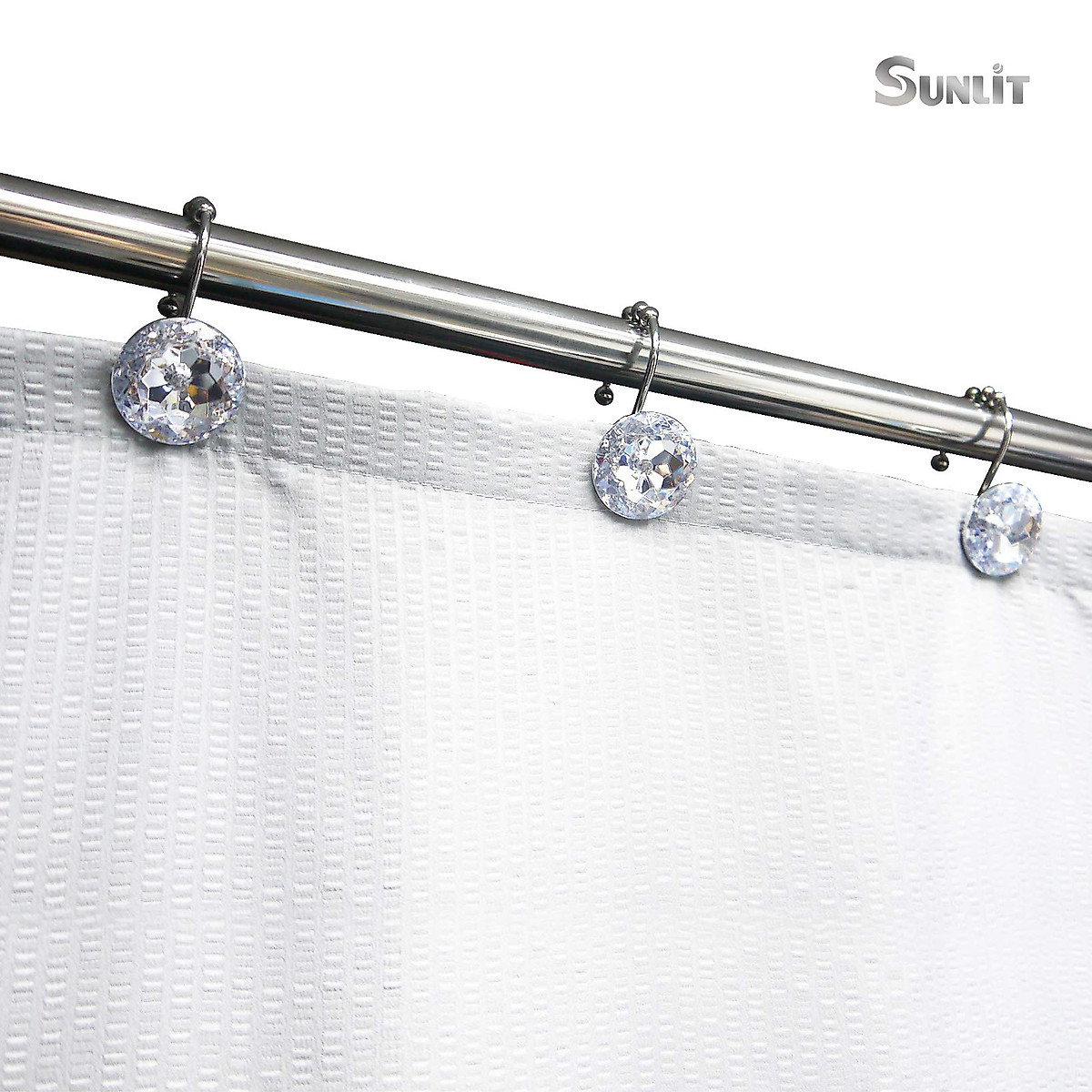 Sunlit Luxury Design Round Clear Diamond Crystal Gem Bling with Glide Balls Shower Curtain Hooks, Rust Proof Metal Rhinestones Glam Shower Curtain Rings-12 Pack