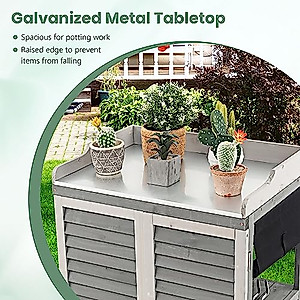 Goplus Outdoor Potting Bench Table, Garden Storage Cabinet w/Metal Tabletop, Roll-up Side Door, Solid Wood Potting Workstation for Garden, Patio, Grey