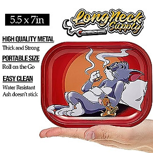 Long Neck Supply Metal Rolling Tray Smoke Accessories Cat & Mouse 7" x 5.5"