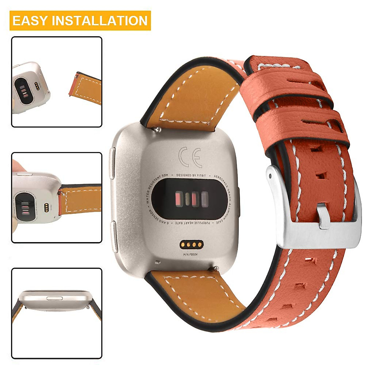 Jennyfly Women Leather Band for Fitbit Versa/Versa 2/Versa Lite, Slim Leather Band Replacement Strap Wristband Adjustable 5.5-7.8 inch for Women Men - Orange