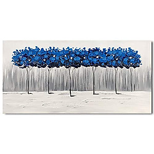 Yihui Arts Landscape Painting Abstract Tree Canvas Art Handpainted Indigo Blue Forest Pictures Artwork for Living Room Bedroom Wall Decor (20Wx40L)