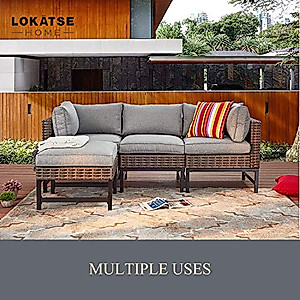 LOKATSE HOME Outdoor Patio Bistro Furniture Ottoman Footstool Rest with Premium Fabric Soft Removable Cushion and Wicker Rattan with Slatted Steel for Garden Yard Lawn Poolside, Grey
